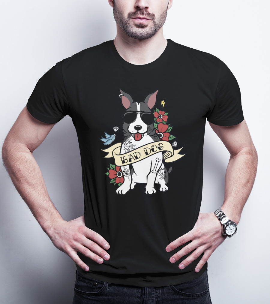 BAD DOG BOSTON TERRIER WITH TATTOOS AND SUNGLASSES FLORAL AND LIGHTNING T-Shirt
