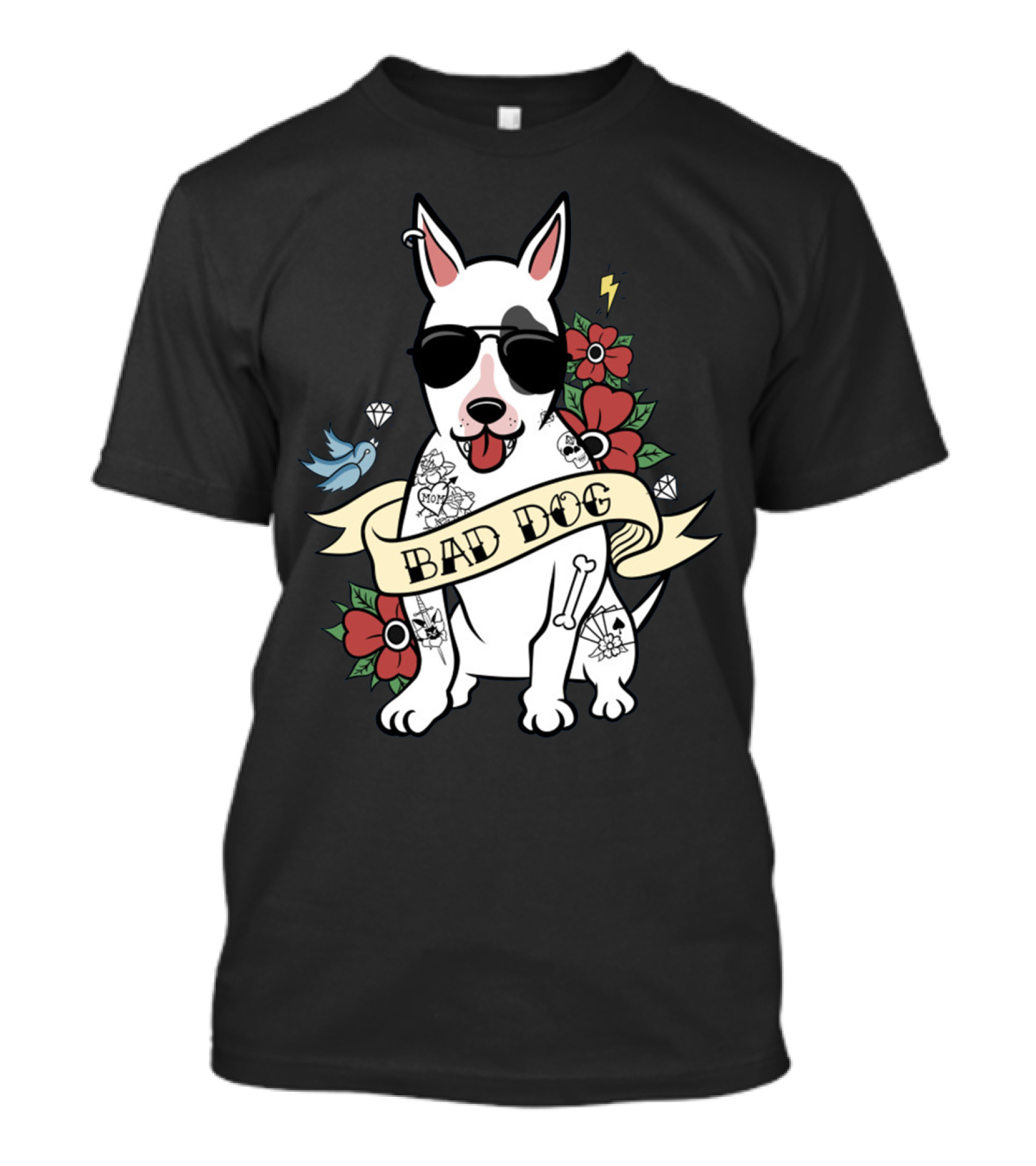 BAD DOG Tattooed Bull Terrier With Sunglasses And Flowers T-Shirt