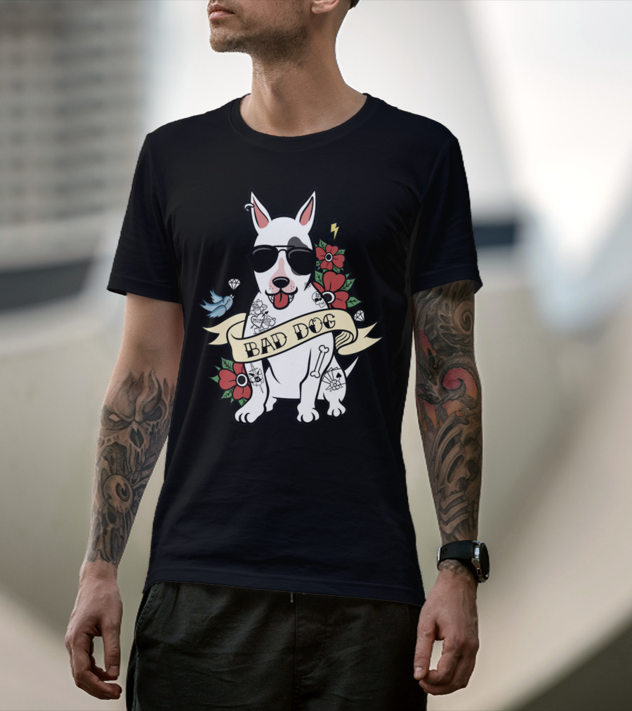 BAD DOG Tattooed Bull Terrier With Sunglasses And Flowers T-Shirt