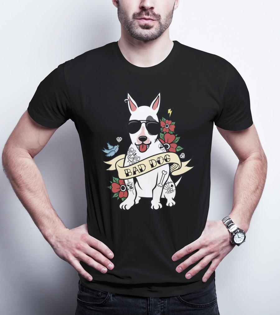 BAD DOG Tattooed Bull Terrier With Sunglasses And Flowers T-Shirt
