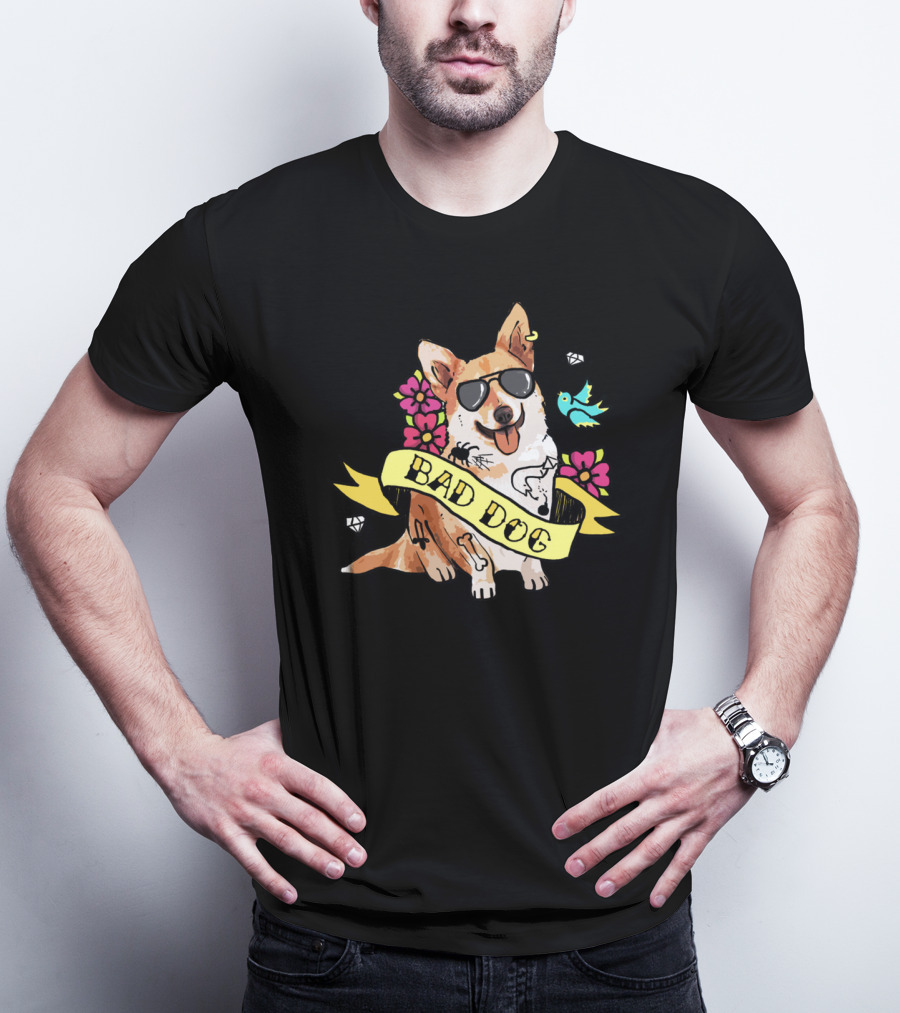 BAD DOG CORGI WITH SUNGLASSES AND FLOWERS T-Shirt