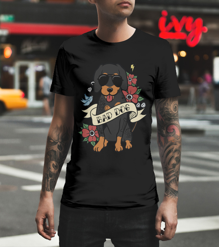 Bad Dog Cool Dachshund With Sunglasses And Tattoos Surrounded By Flowers And Lightning T-Shirt