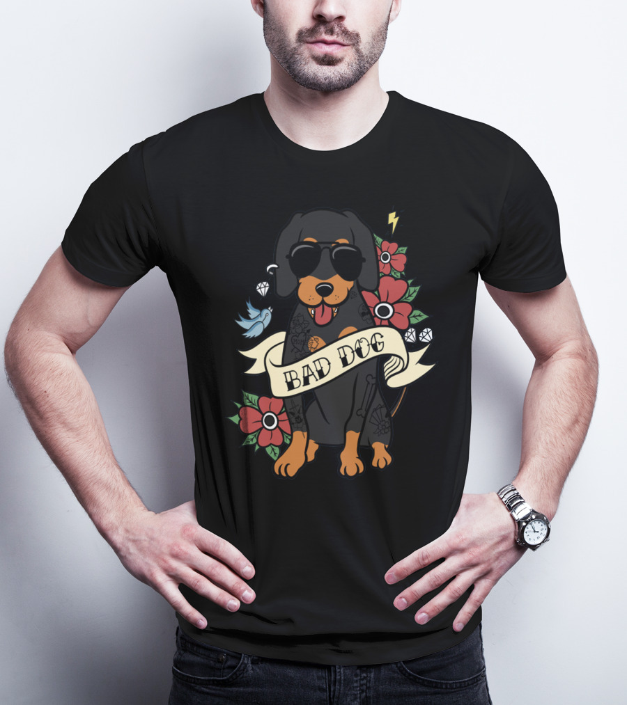 Bad Dog Cool Dachshund With Sunglasses And Tattoos Surrounded By Flowers And Lightning T-Shirt