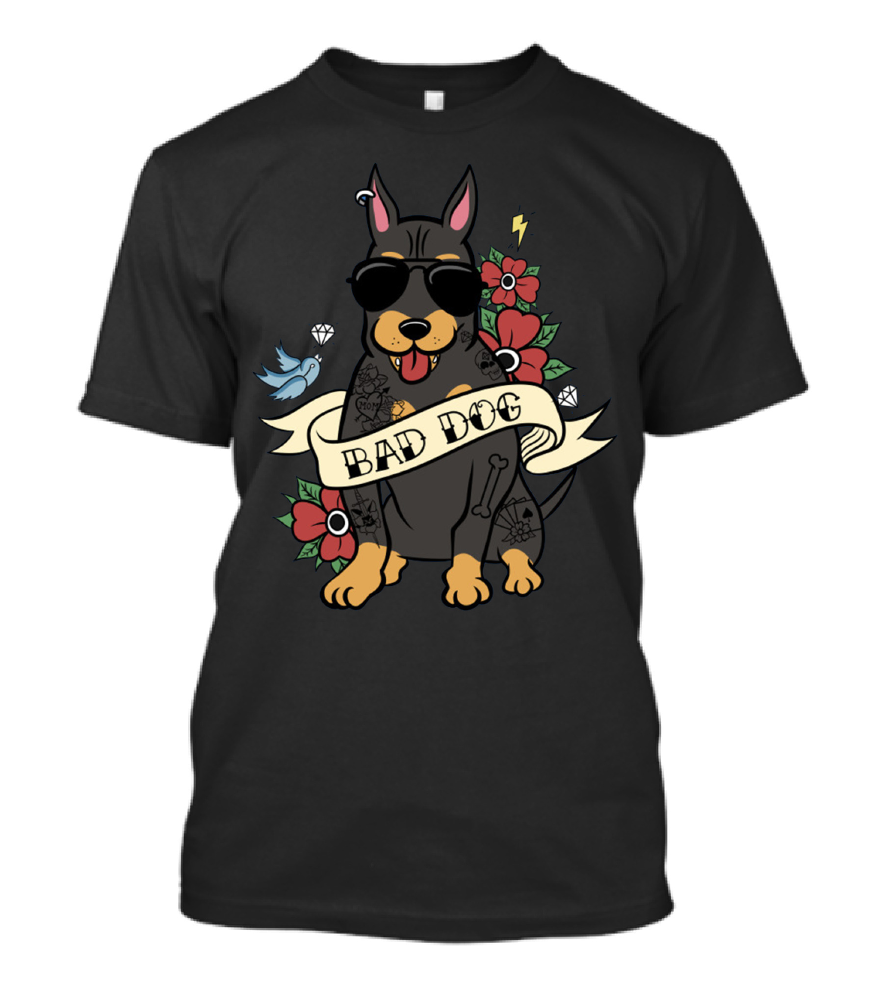 BAD DOG DOBERMAN WITH SUNGLASSES AND TATTOOS SURROUNDED BY FLOWERS AND BIRD ICONS T-Shirt