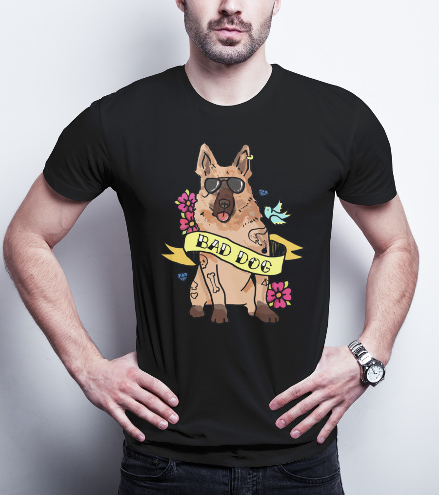 German Shepherd Bad Dog Cool Sunglasses Tattoo Style Flowers And Bird Banner T-Shirt