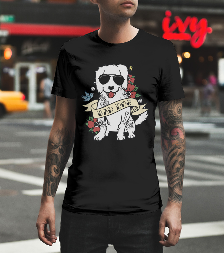 GREAT PYRENEES BAD DOG WITH SUNGLASSES AND TATTOO STYLE FLOWERS T-Shirt