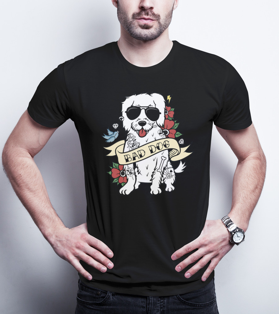 Maltese Bad Dog With Sunglasses And Tattoo Style Surrounded By Flowers And Diamonds T-Shirt