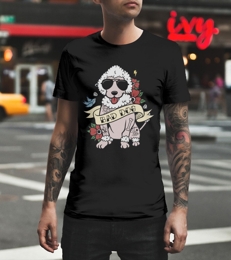 Poodle Bad Dog Wearing Sunglasses Tattoo Style With Lightning Flowers And Blue Bird T-Shirt