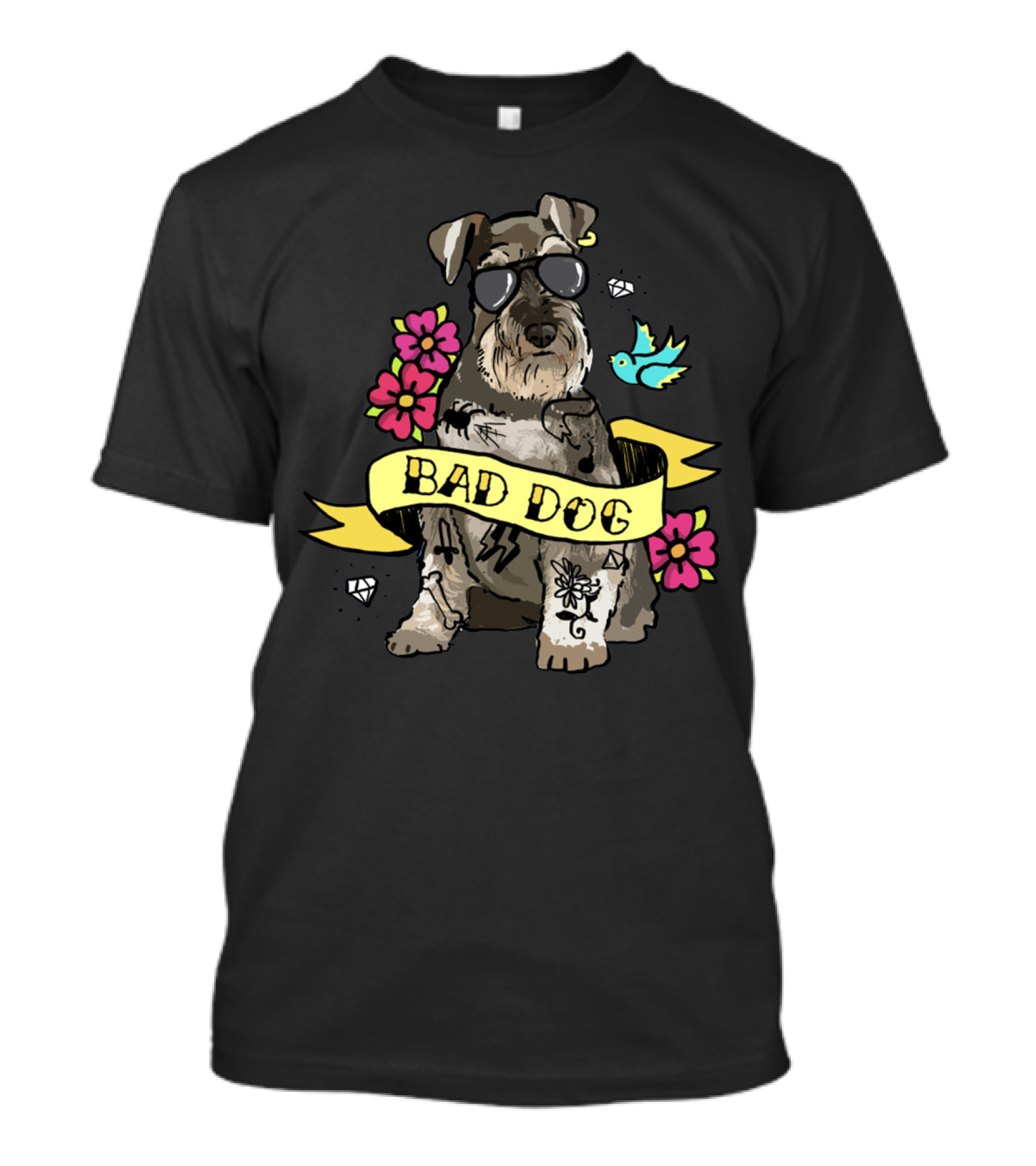 Schnauzer Bad Dog Tattoo Style With Flowers And Bird T-Shirt