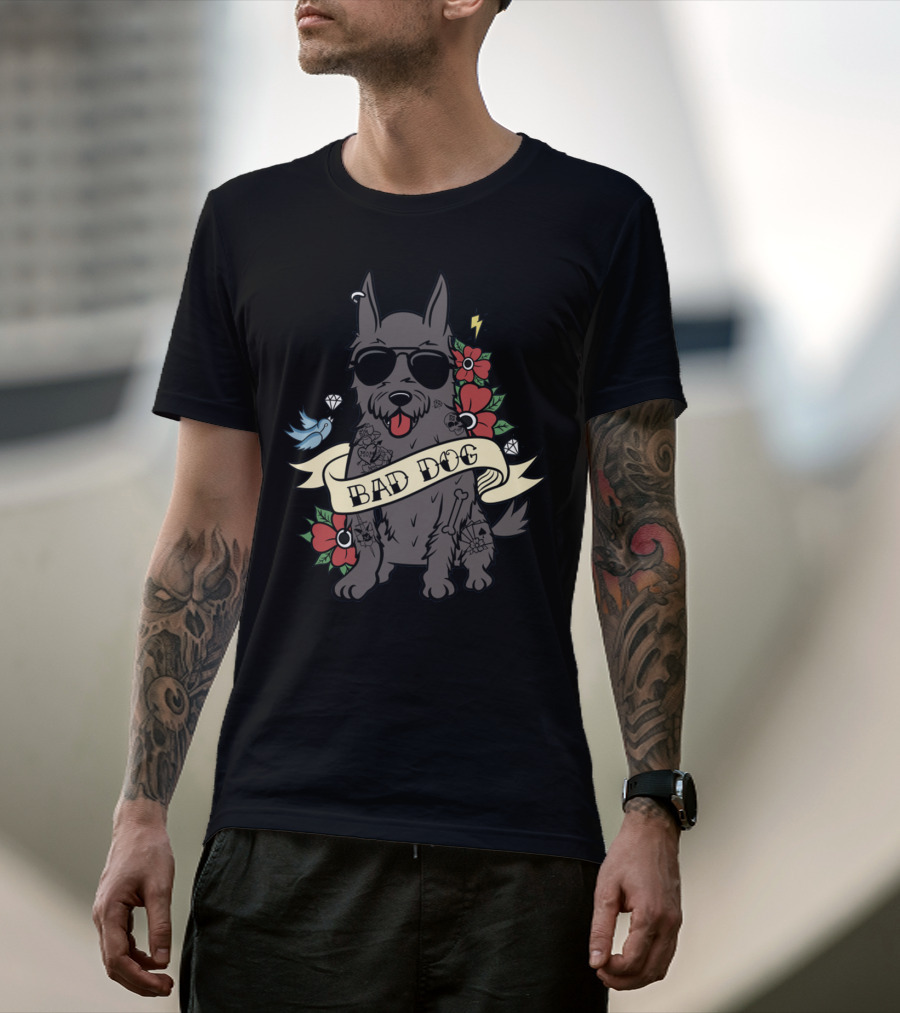 SCOTTIE BAD DOG Sunglasses Tattoo Diamond Red Flower Blue Bird Lightning T-Shirt