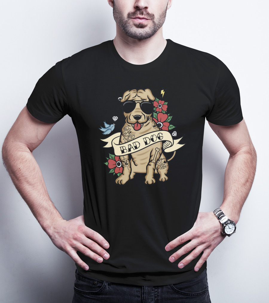 Shar Pei Bad Dog With Sunglasses Tattoos Flowers And Lightning T-Shirt