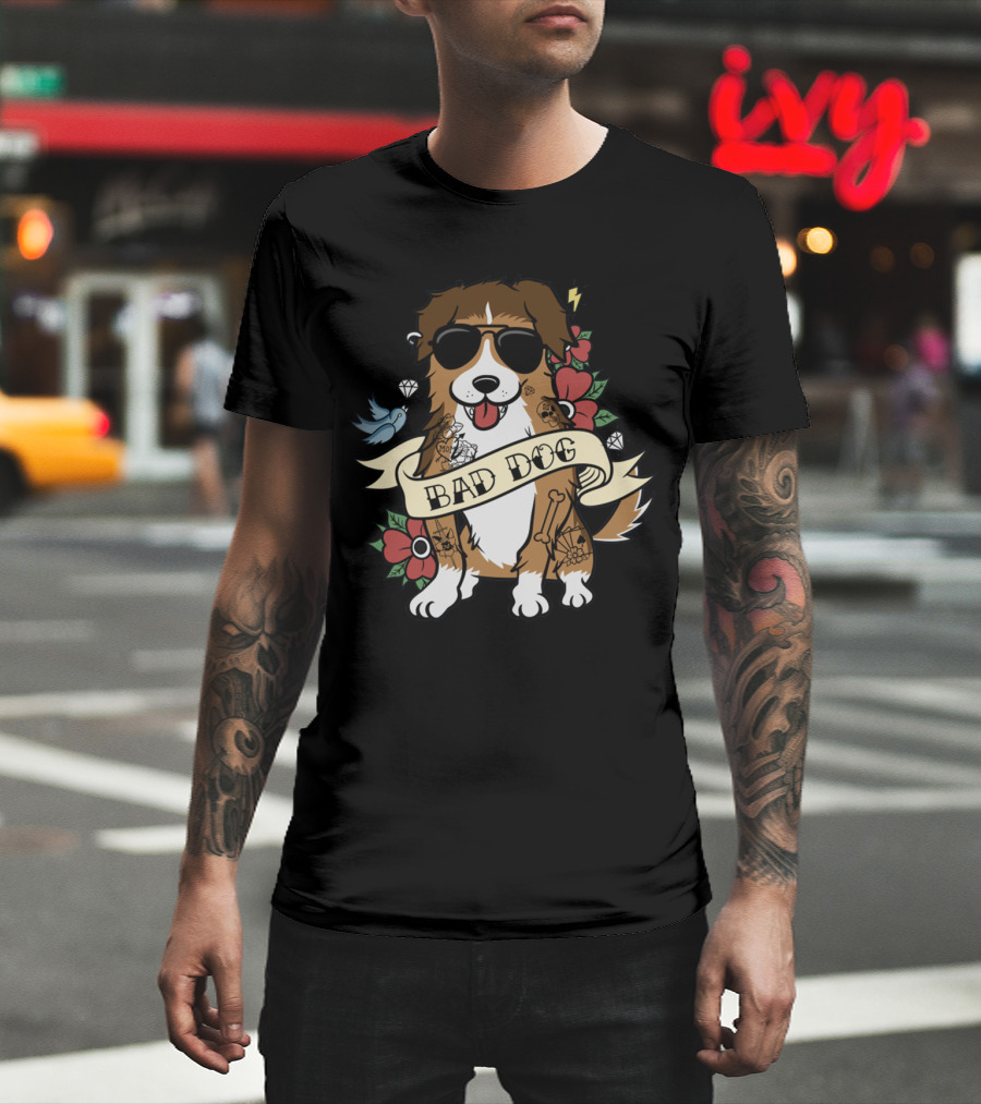 SHELTIE BAD DOG TATTOO STYLE SUNGLASSES FLOWERS DIAMONDS BONE T-Shirt