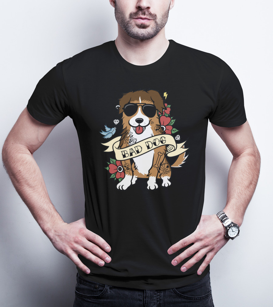 SHELTIE BAD DOG TATTOO STYLE SUNGLASSES FLOWERS DIAMONDS BONE T-Shirt