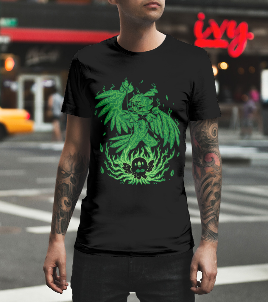 Evolution Pokemon Decidueye Rowlet Ghostly Green Flames T-Shirt