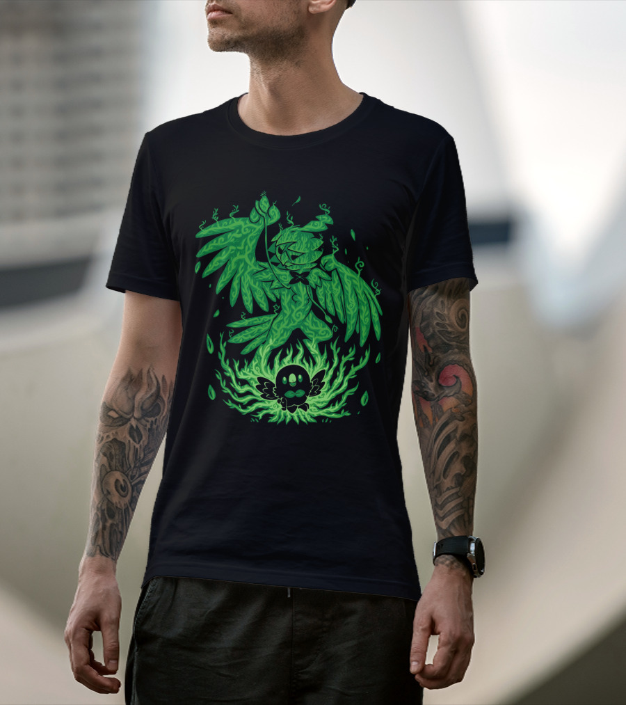 Evolution Pokemon Decidueye Rowlet Ghostly Green Flames T-Shirt