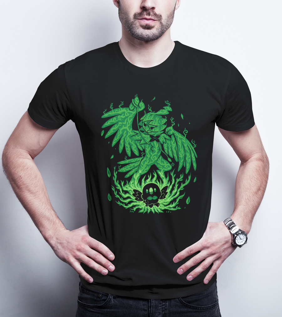 Evolution Pokemon Decidueye Rowlet Ghostly Green Flames T-Shirt