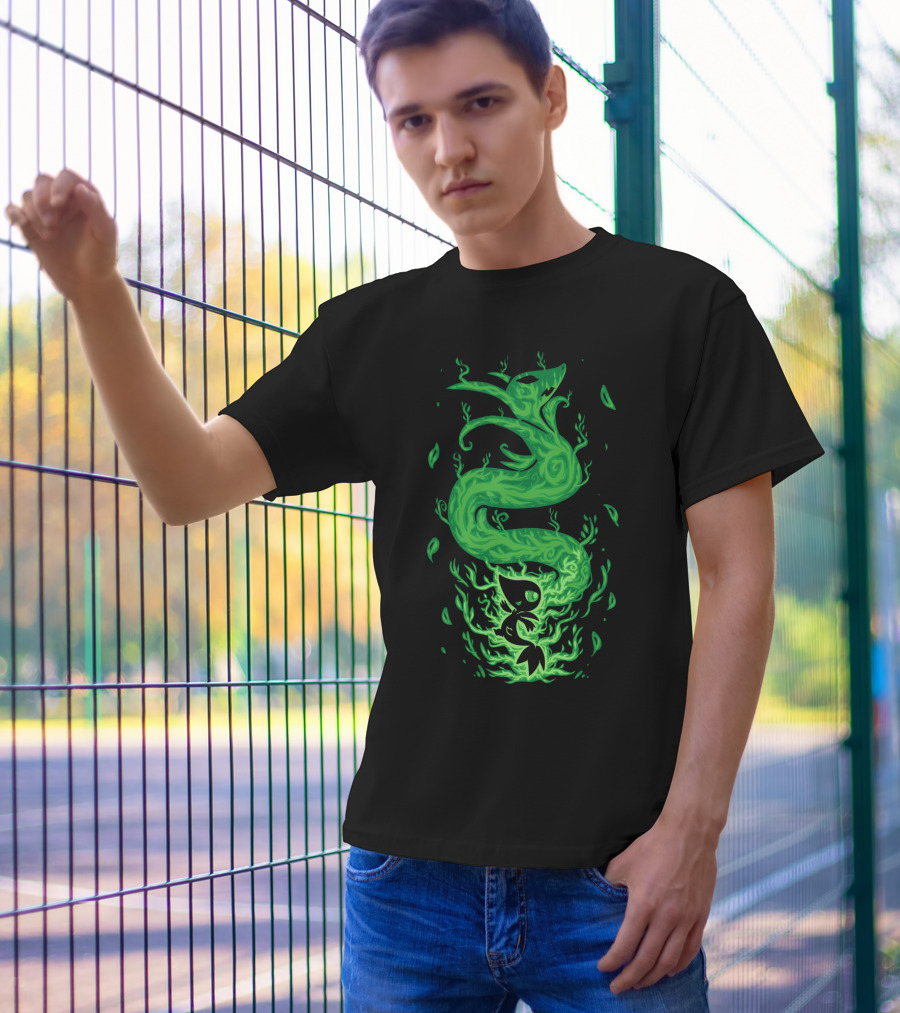 Evolution Pokemon Serperior Coiled Green Flames With Leaves T-Shirt