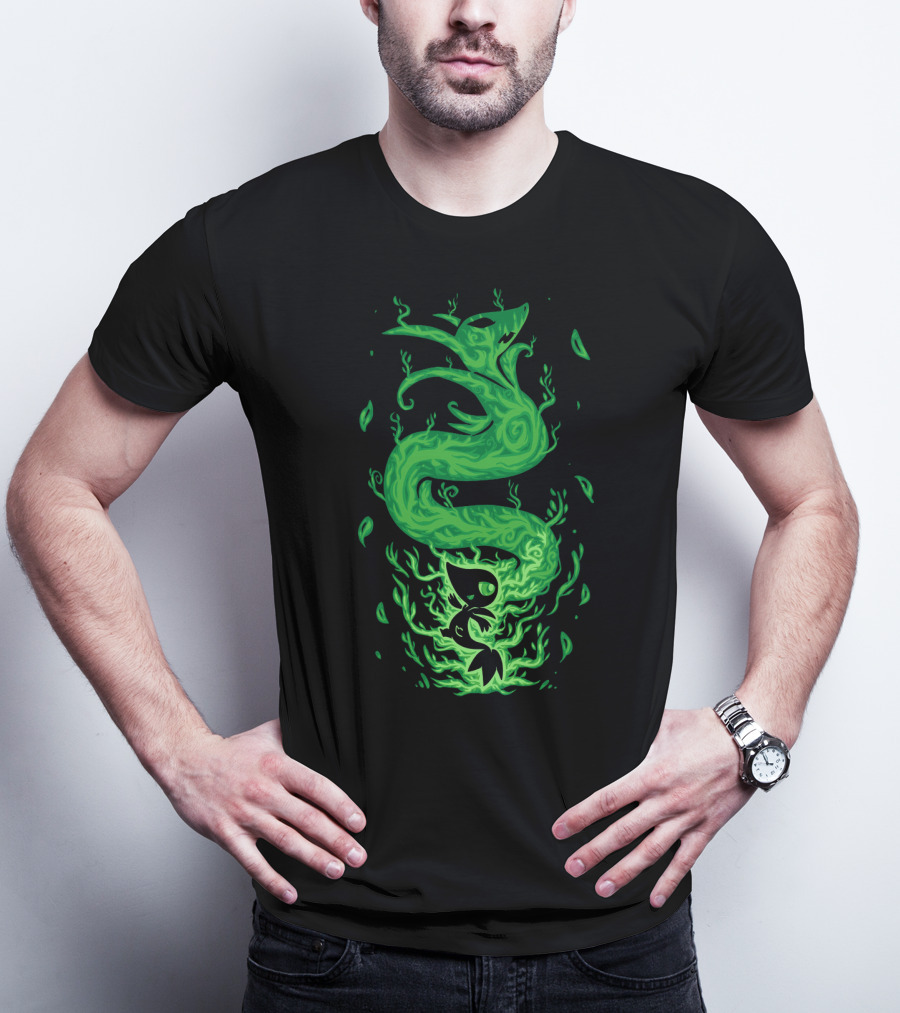 Evolution Pokemon Serperior Coiled Green Flames With Leaves T-Shirt
