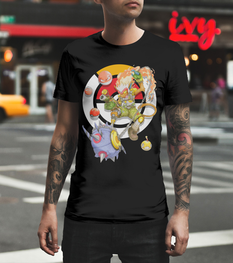 Pokemon X Overwatch Infernape And Junkrat Mashup With Pokeballs And Team Emblem T-Shirt