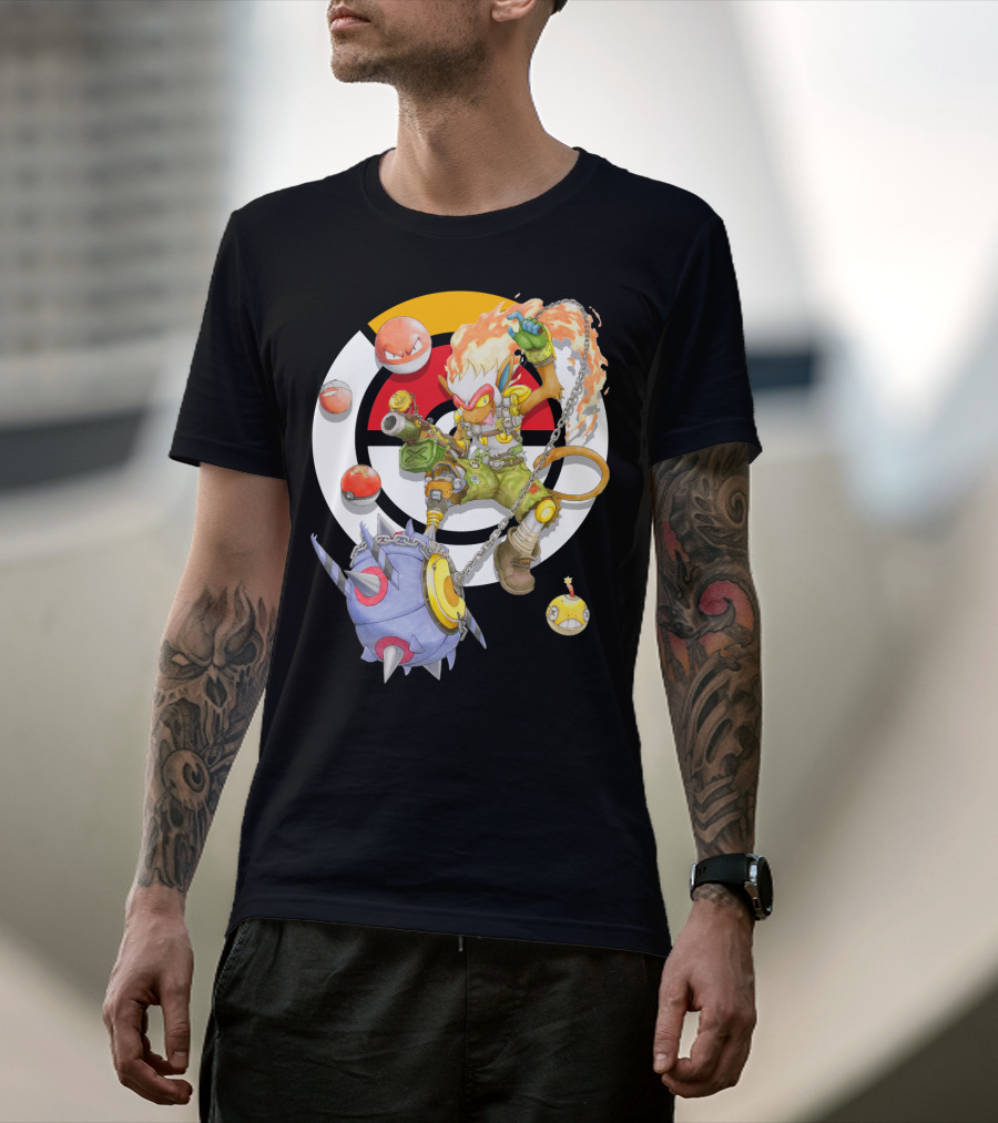 Pokemon X Overwatch Infernape And Junkrat Mashup With Pokeballs And Team Emblem T-Shirt
