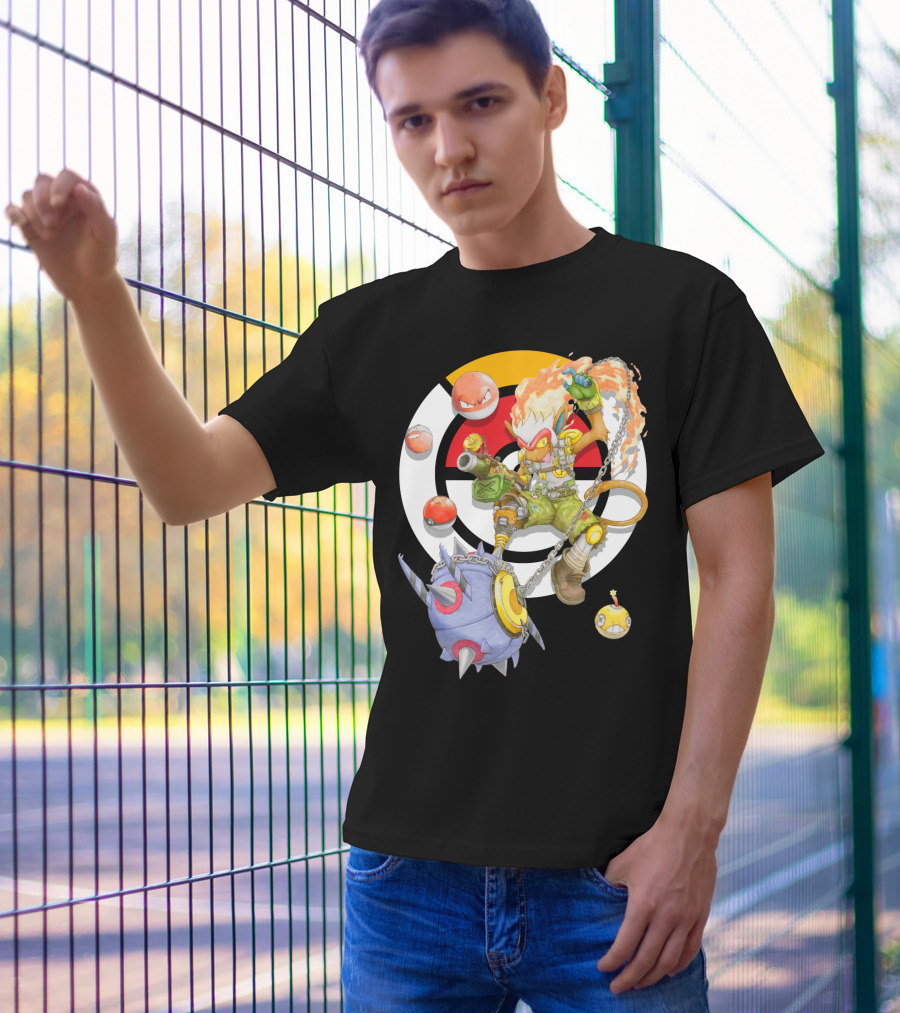 Pokemon X Overwatch Infernape And Junkrat Mashup With Pokeballs And Team Emblem T-Shirt