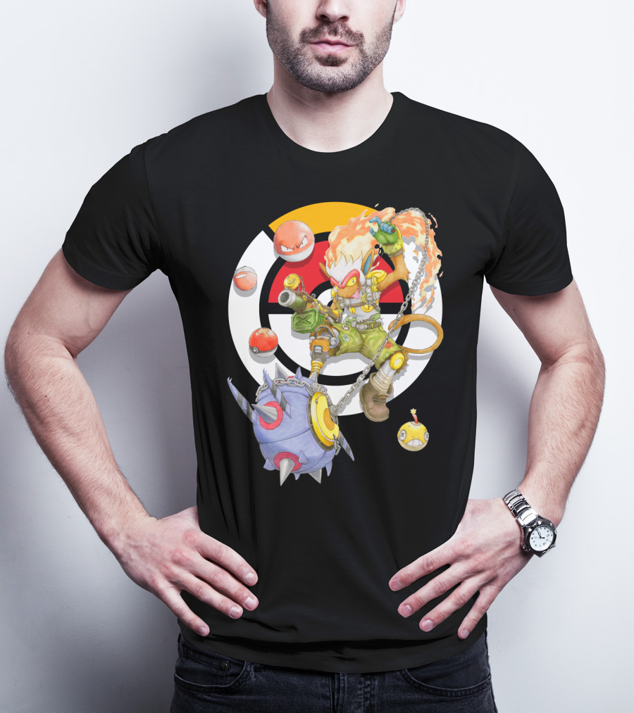 Pokemon X Overwatch Infernape And Junkrat Mashup With Pokeballs And Team Emblem T-Shirt