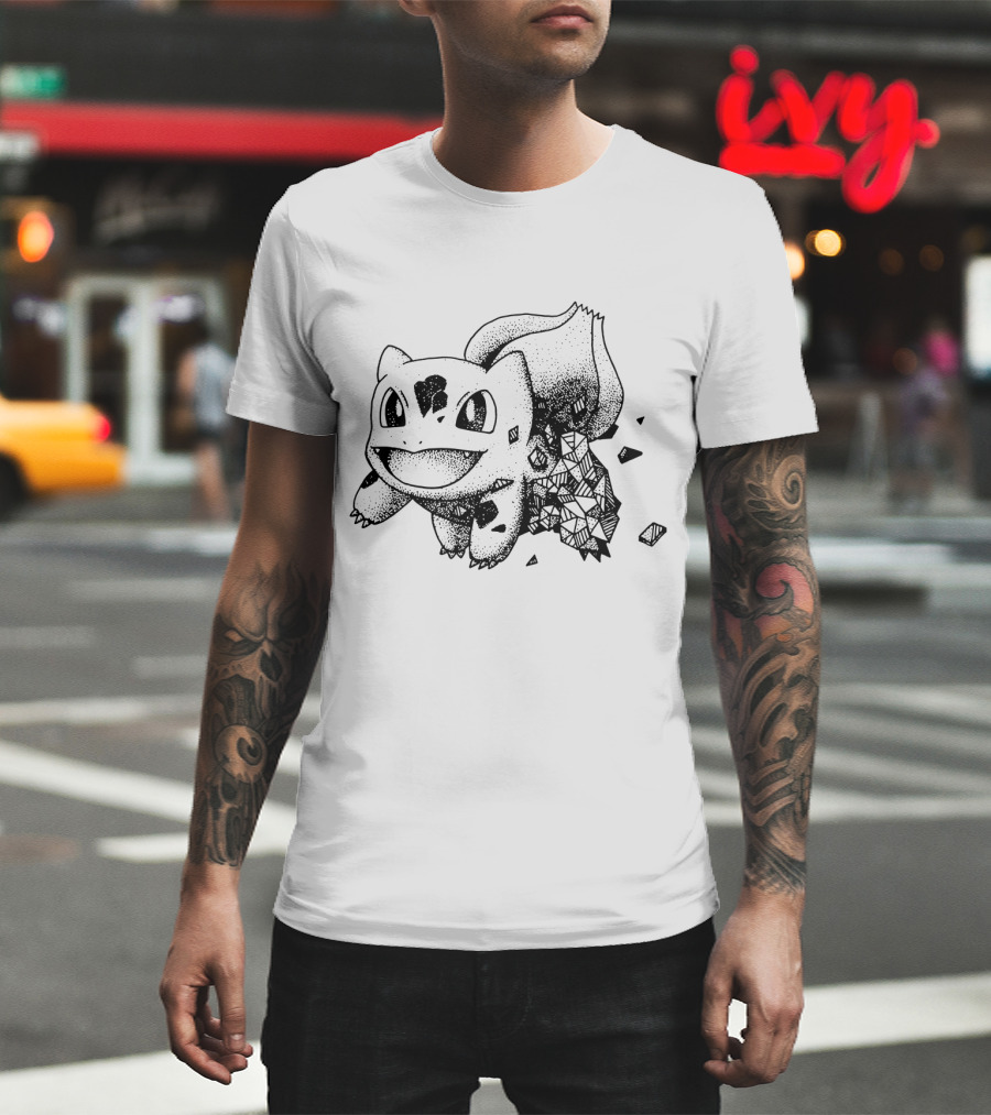 Geometric Pokemon Bulbasaur Pixel Art Style Black And White Pokedex Creature Digital Cubes T-Shirt