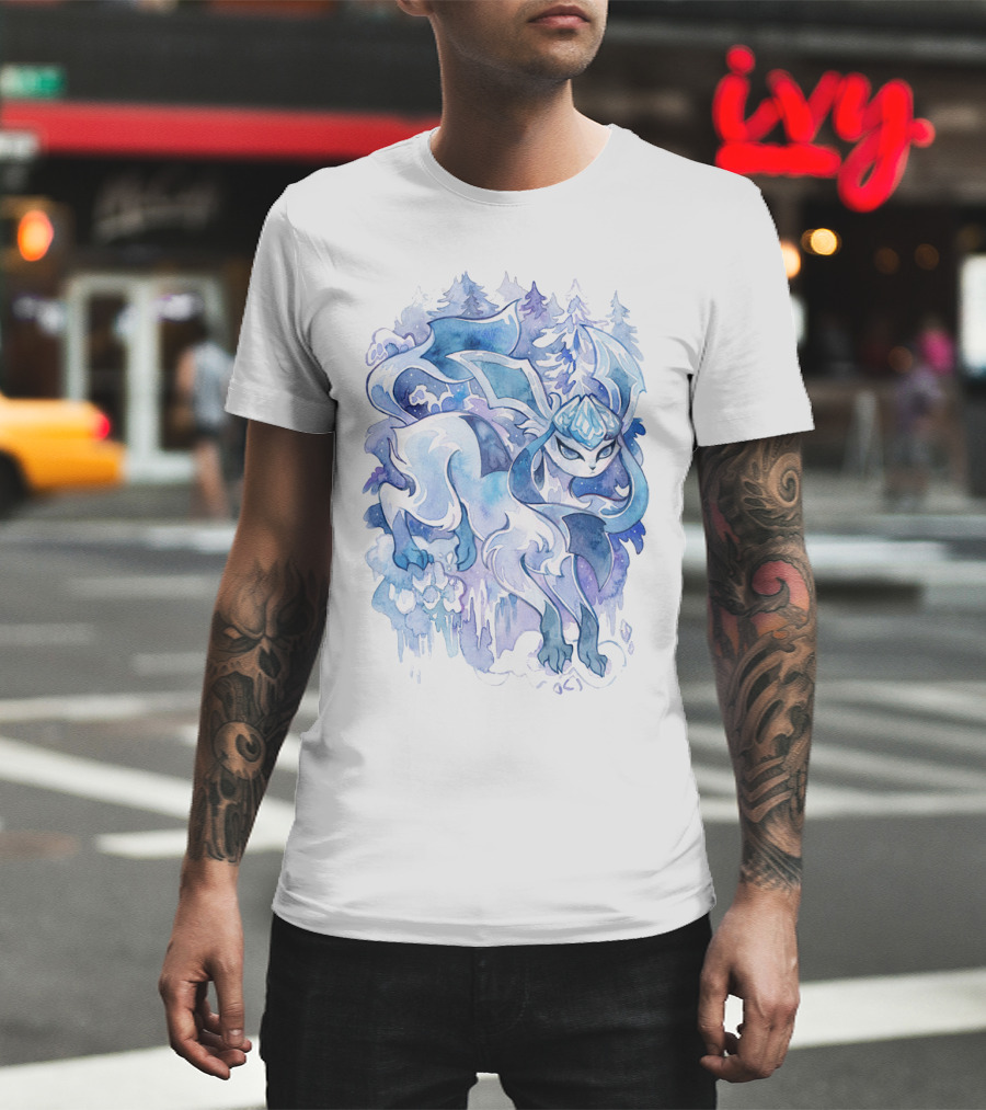 Watercolor Pokemon Glaceon Snowy Forest Background T-Shirt