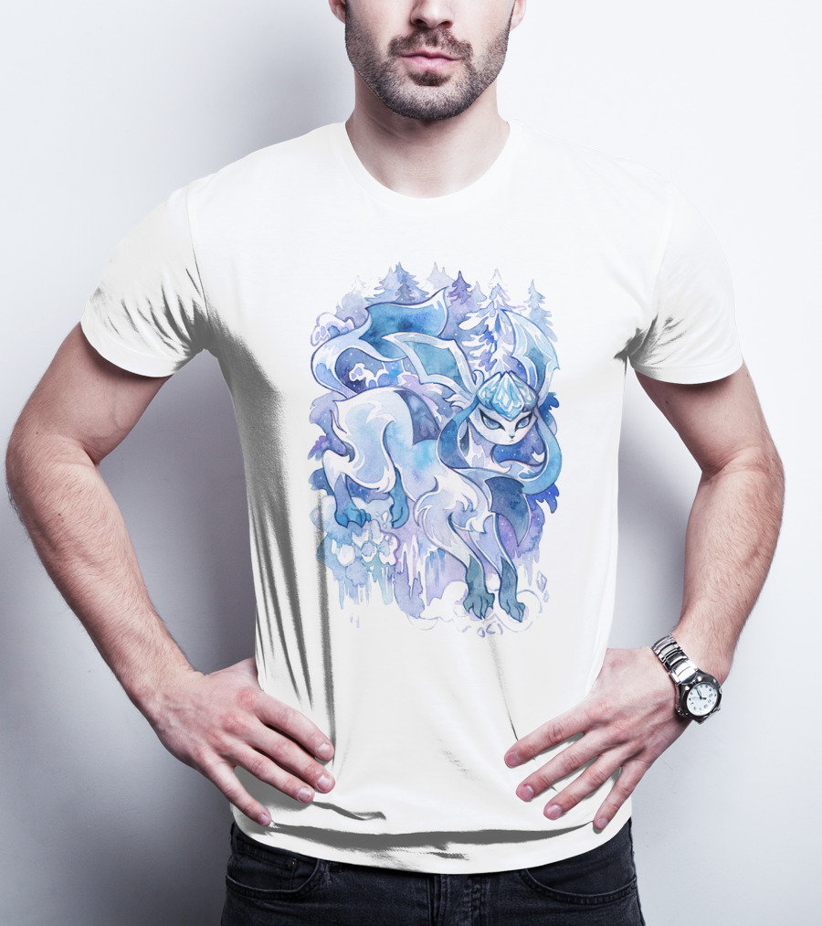 Watercolor Pokemon Glaceon Snowy Forest Background T-Shirt