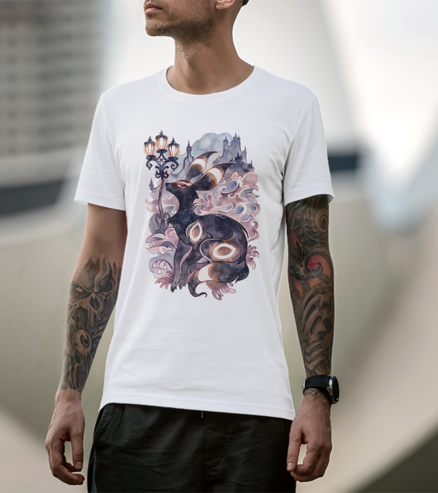 Watercolor Pokemon Umbreon Lamppost Castle Sky Background T-Shirt