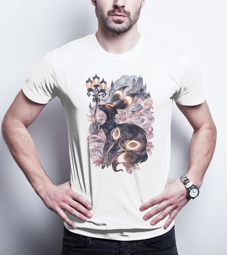 Watercolor Pokemon Umbreon Lamppost Castle Sky Background T-Shirt