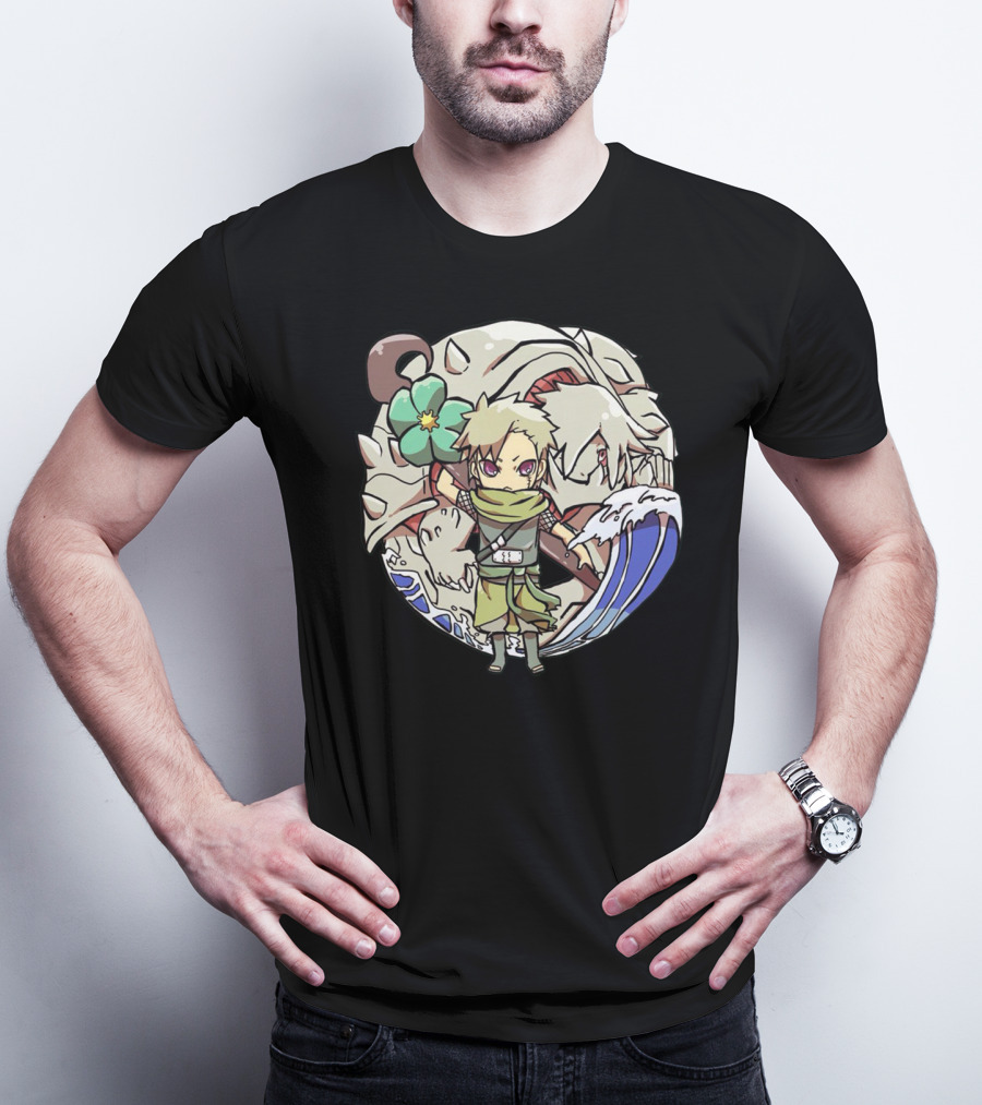 Katarachi Chibi Ninja And Beast With Flower And Wave T-Shirt