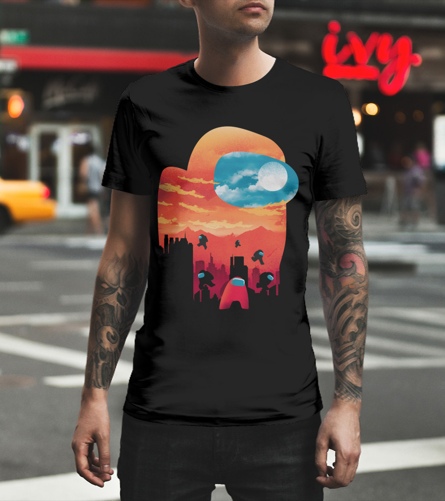 Sunset Among Us Impostors Skyline Scene T-Shirt