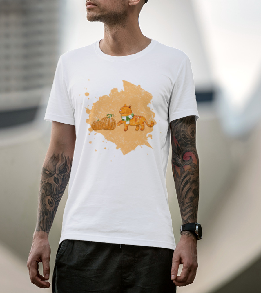 Kitty With Scarf And Pumpkins On Splash Background T-Shirt