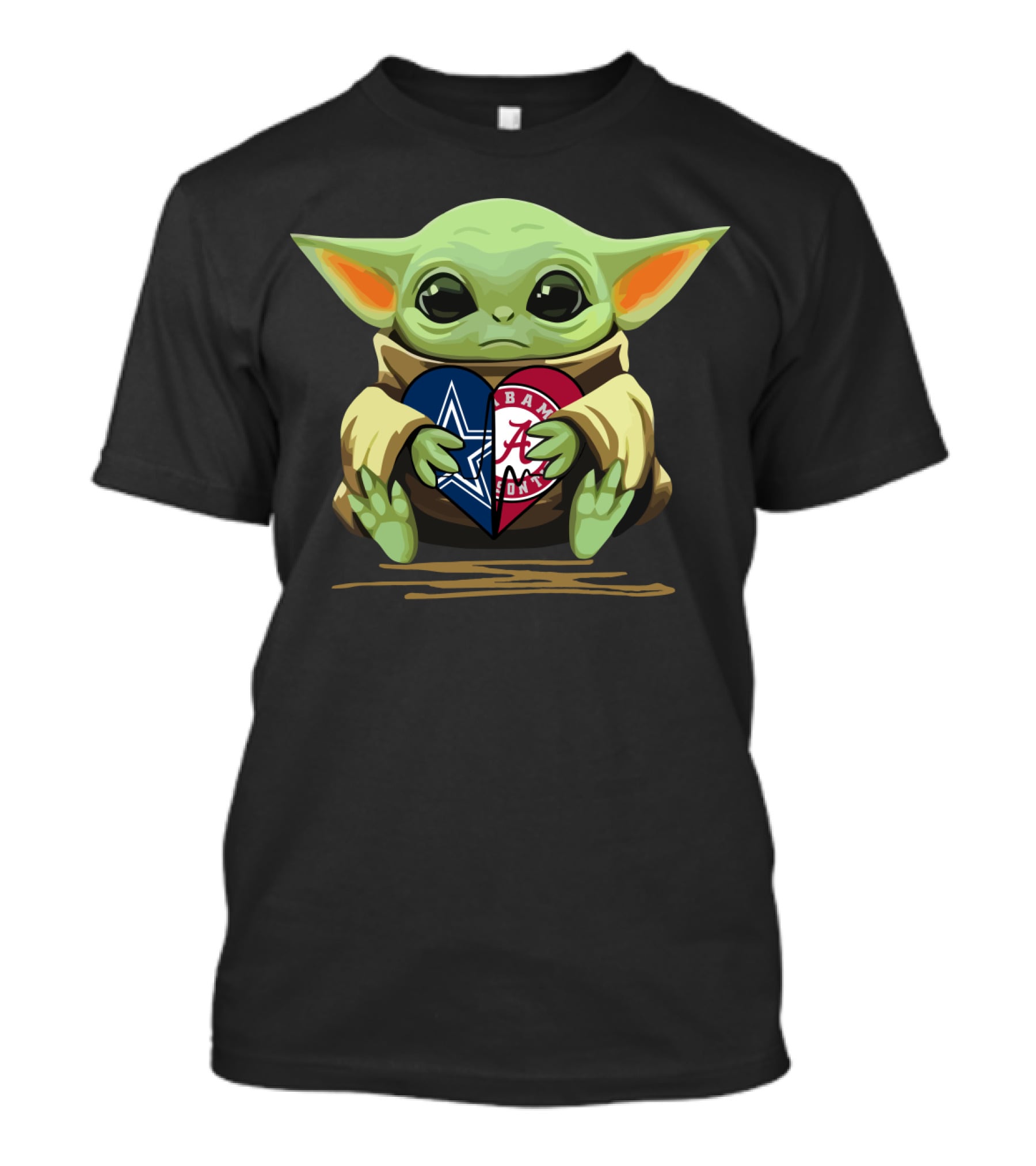 Baby Yoda Holding Cowboys Star And Crimson Tide Heart T-Shirt