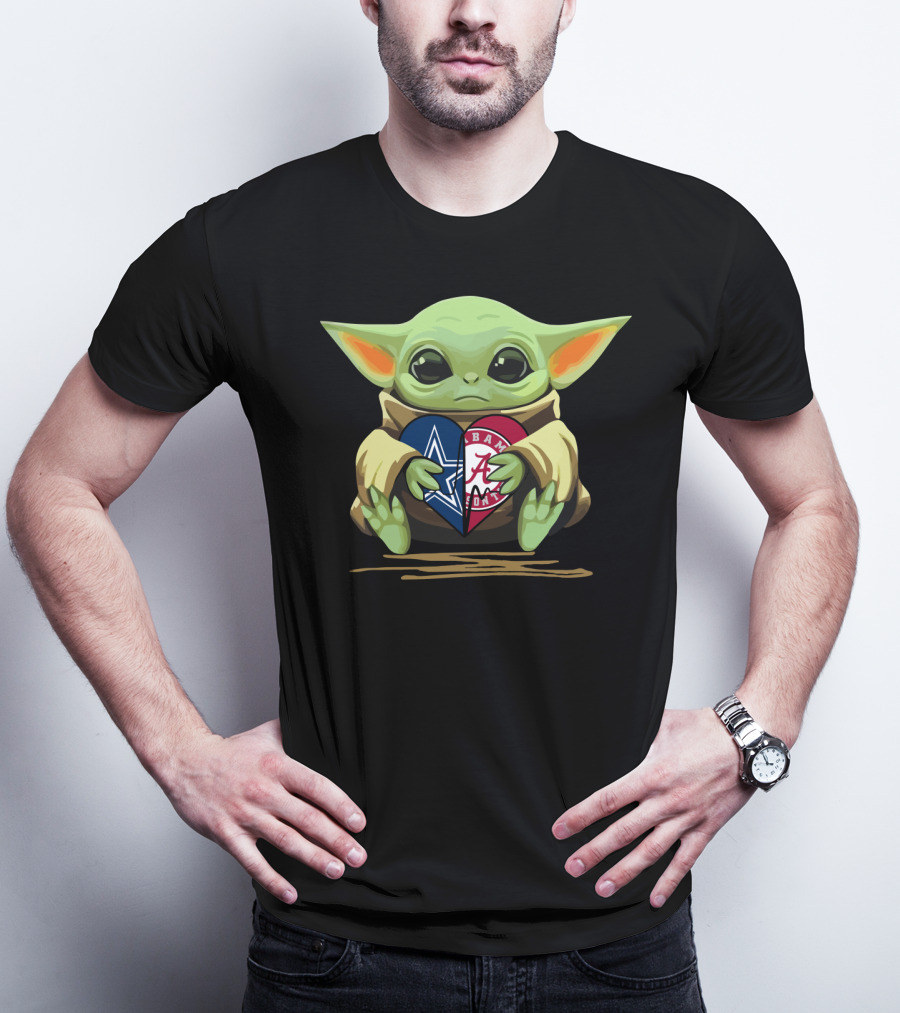 Baby Yoda Holding Cowboys Star And Crimson Tide Heart T-Shirt