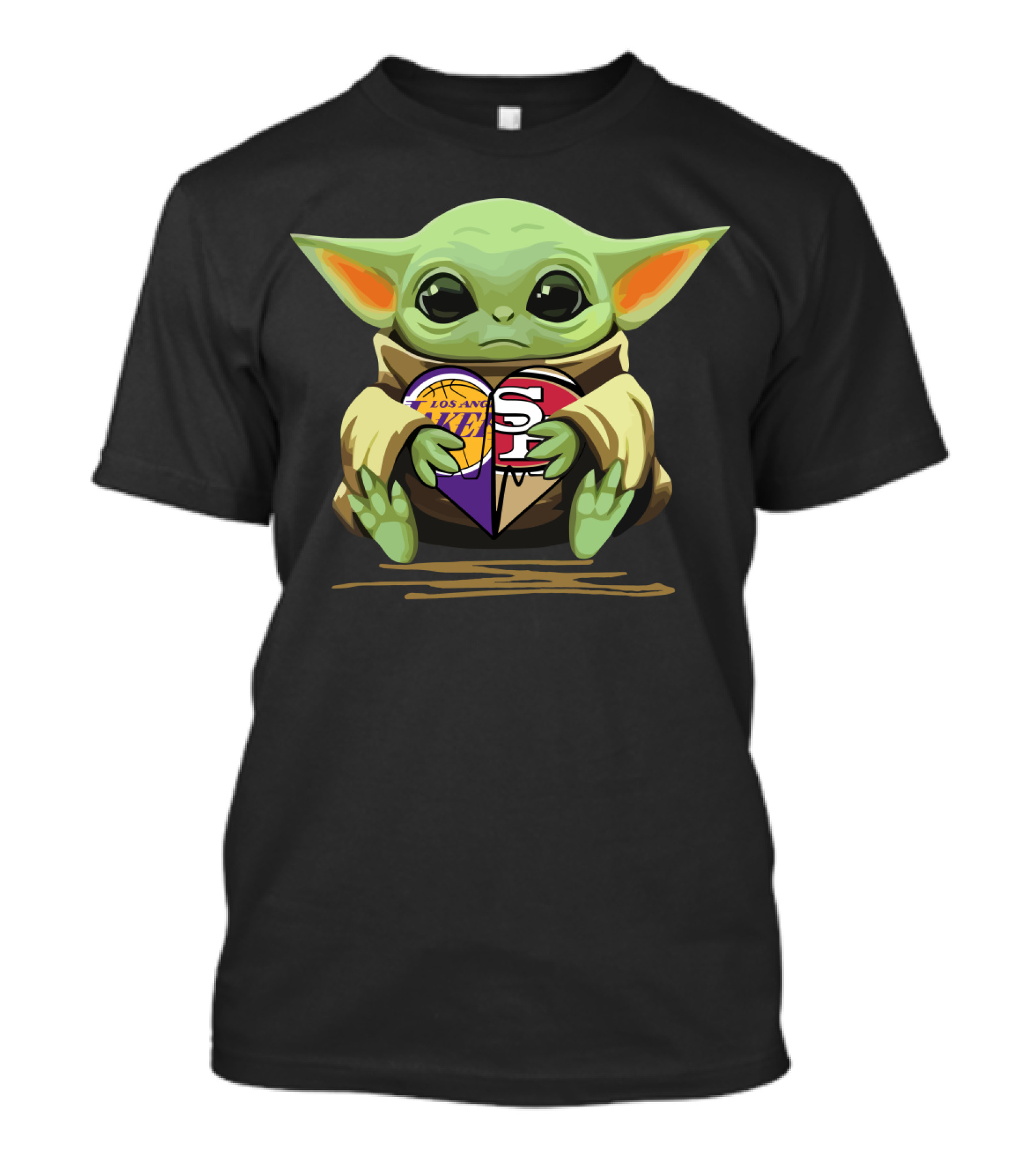 Baby Yoda Holding Los Angeles Lakers San Francisco 49ers Heart T-Shirt
