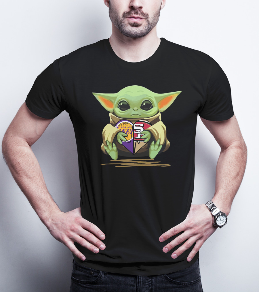Baby Yoda Holding Los Angeles Lakers San Francisco 49ers Heart T-Shirt