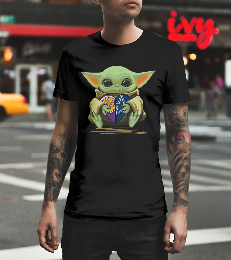 Baby Yoda Heart Los Angeles Lakers And Dallas Cowboys T-Shirt