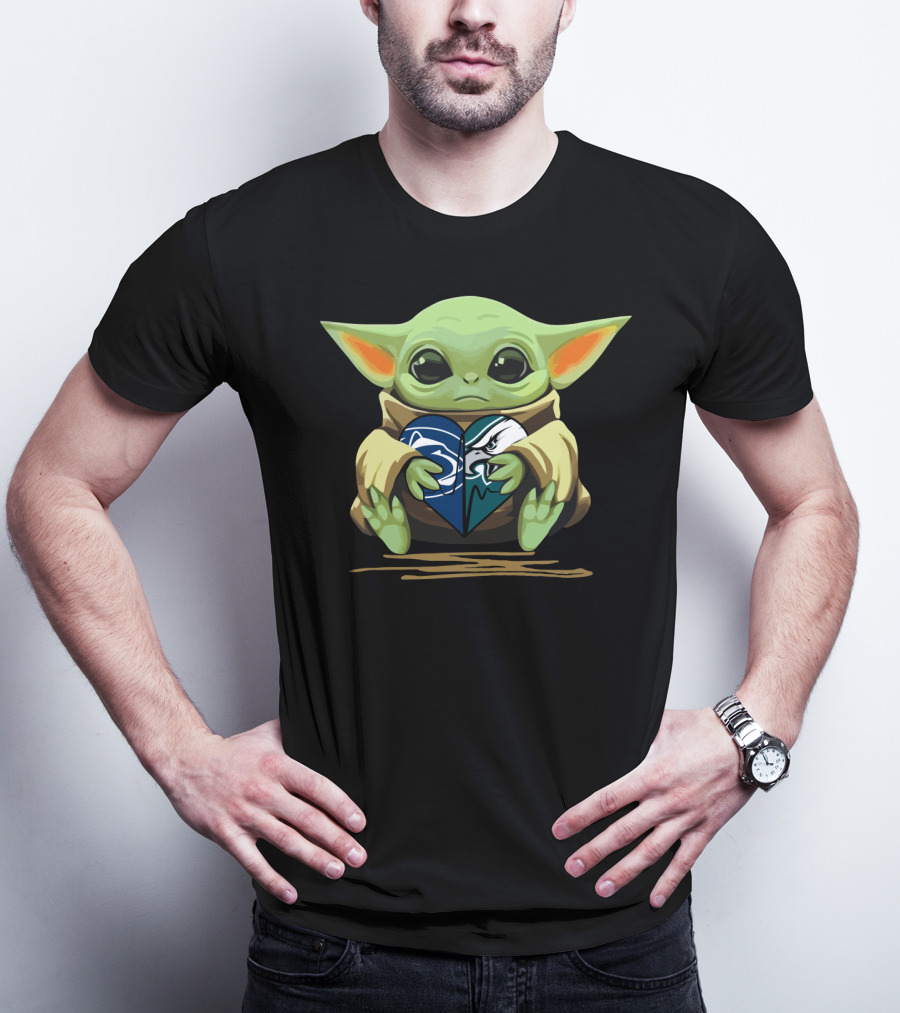 Baby Yoda Holding Eagles Lions Heart T-Shirt