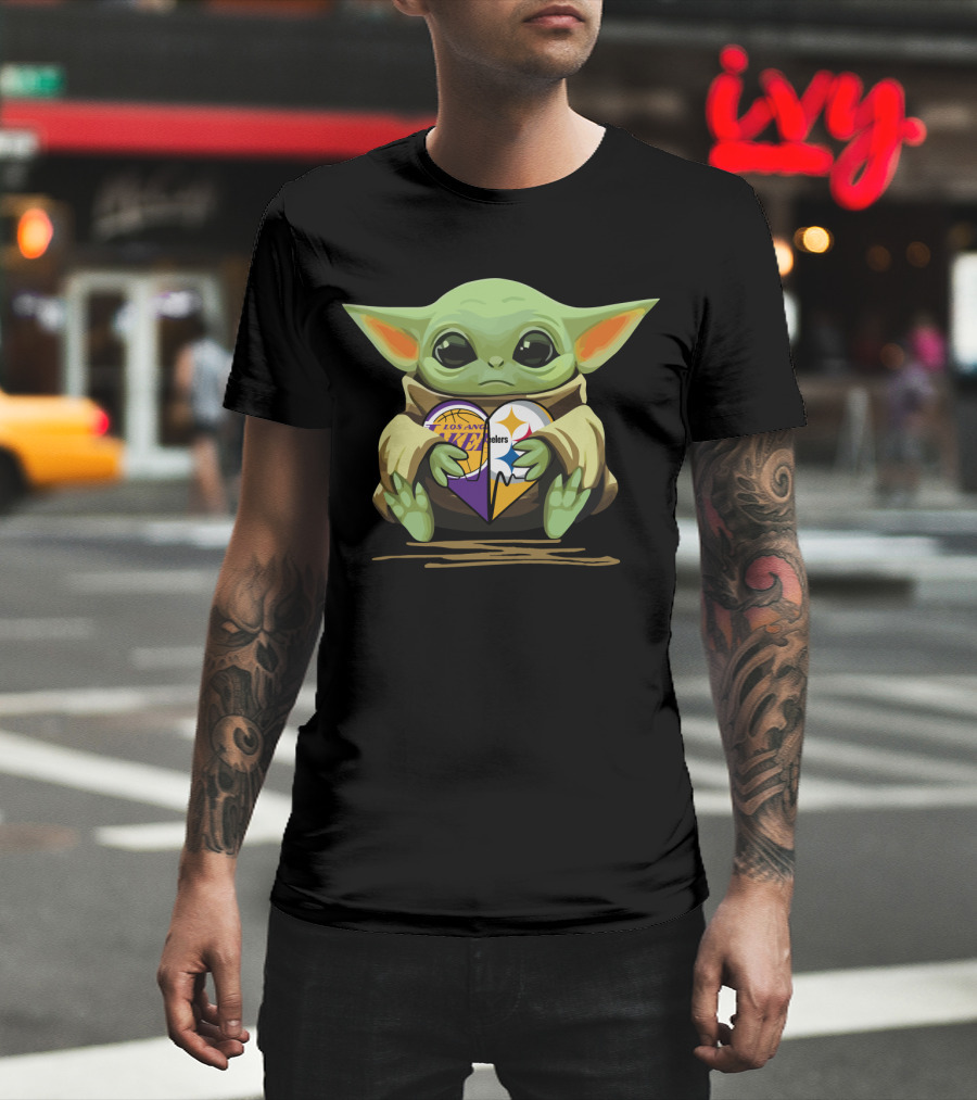 Baby Yoda Los Angeles Lakers Steelers Football Basketball T-Shirt