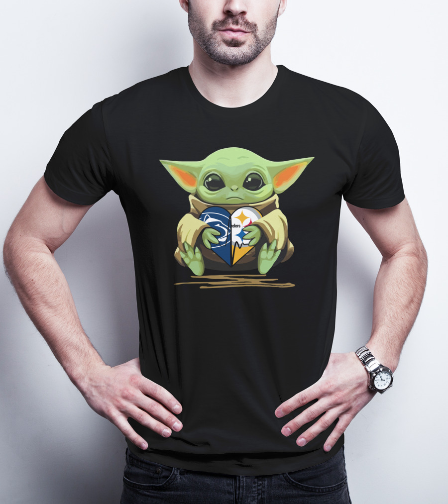 Baby Yoda Holding Steelers And Lions Heart Logo Fan Love T-Shirt