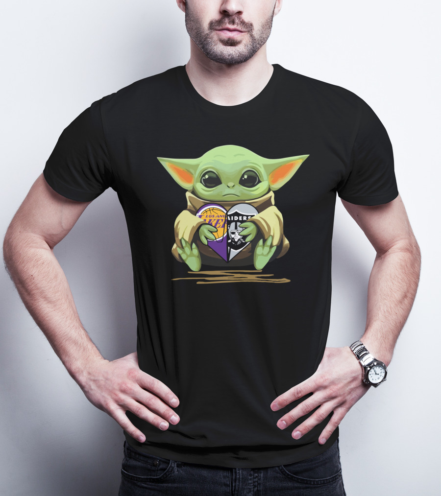 Baby Yoda Heart Los Angeles Lakers Raiders T-Shirt