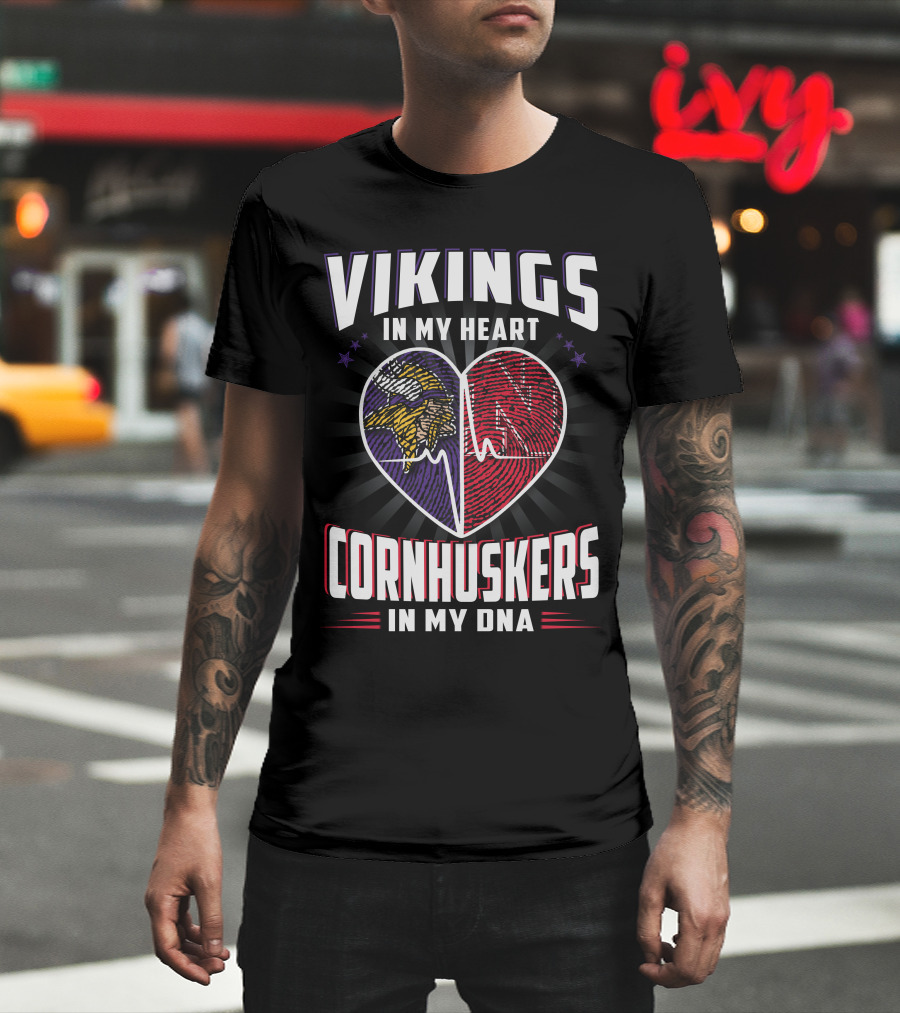 Vikings IN My Heart Cornhuskers IN My Dna Fingerprint Heartbeat T-Shirt
