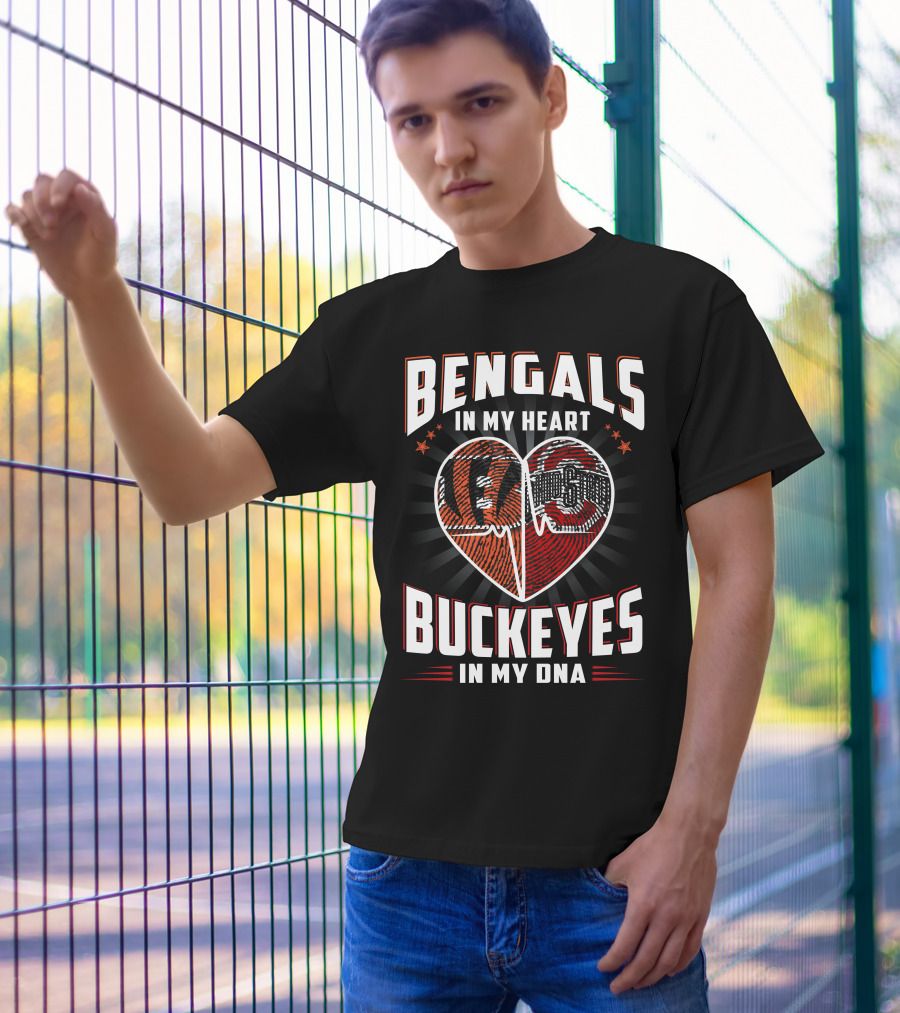 Bengals In My Heart Buckeyes In My Dna Heartbeat Logo Combination T-Shirt