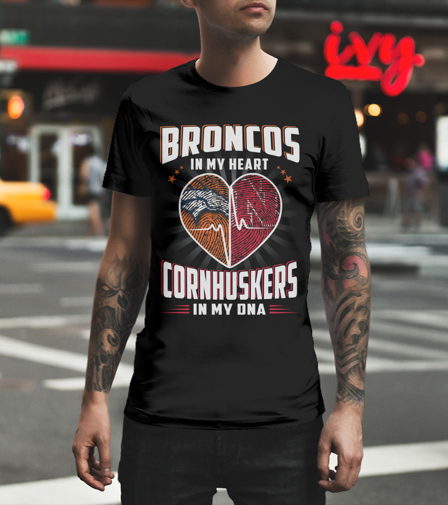 Broncos Heart Cornhuskers Dna Fingerprint Football Pride T-Shirt