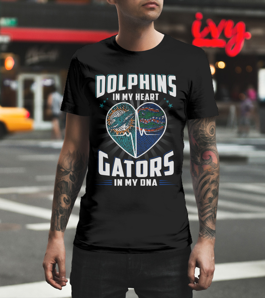 Dolphins In My Heart Gators In My Dna Heartbeat Football Influence T-Shirt