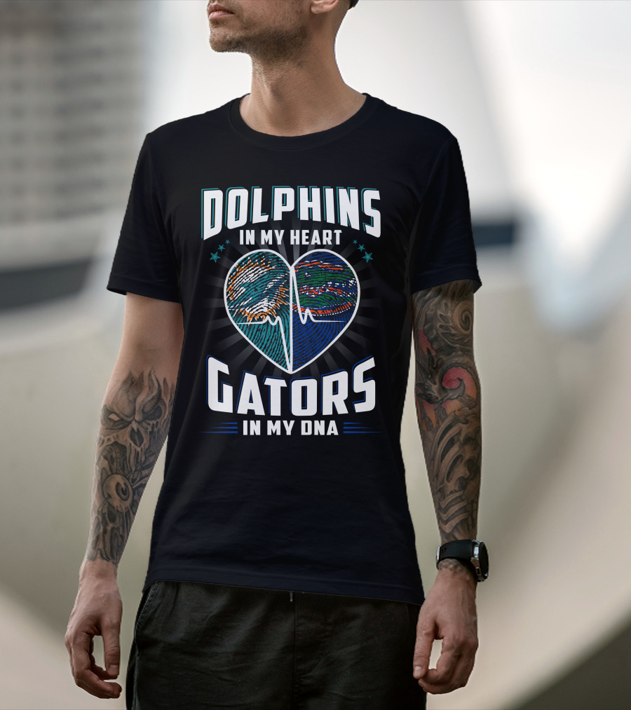 Dolphins In My Heart Gators In My Dna Heartbeat Football Influence T-Shirt