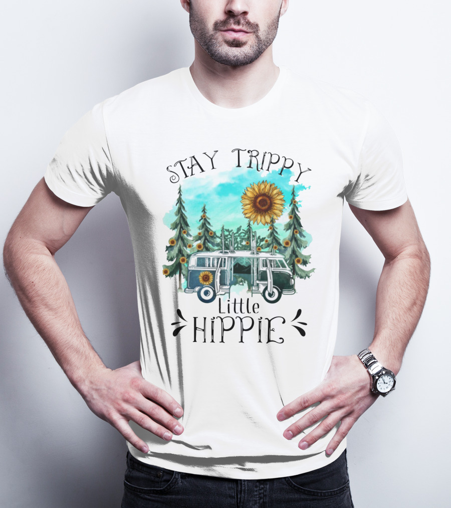 Stay Trippy Little Hippie Sunflower Van Among Forest Pines T-Shirt