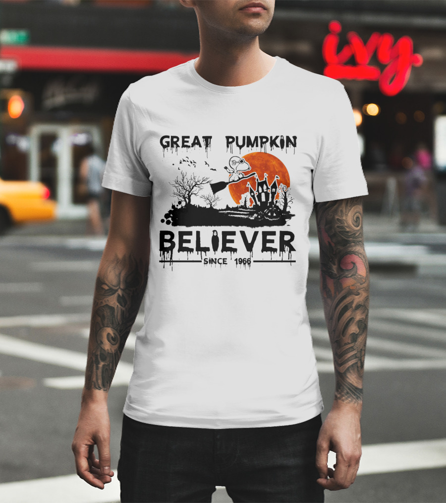 Great Pumpkin Believer Since 1966 Snoopy Flying On Broomstick Halloween Scene T-Shirt